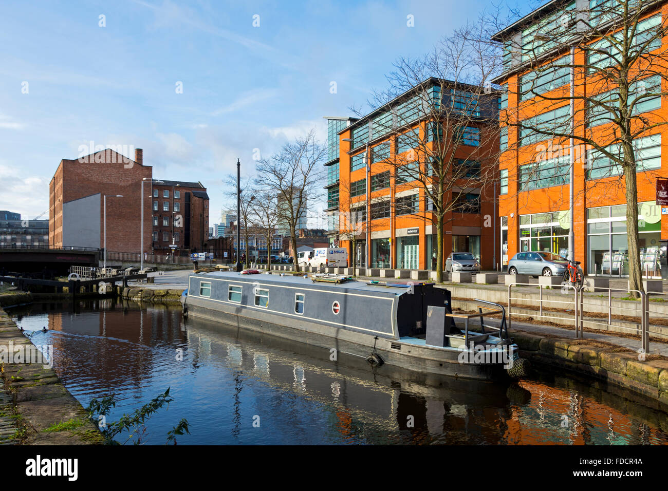 Narrowboat on the Rochdale Canal next to the MM2 buildings, Redhill ...