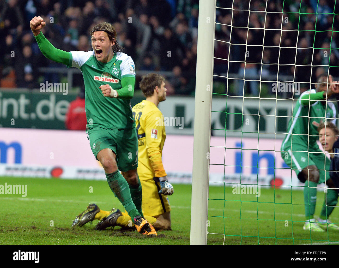 Bremen, Germany. 30th Jan, 2016. Werder's Jannik Vestergaard celebrates ...