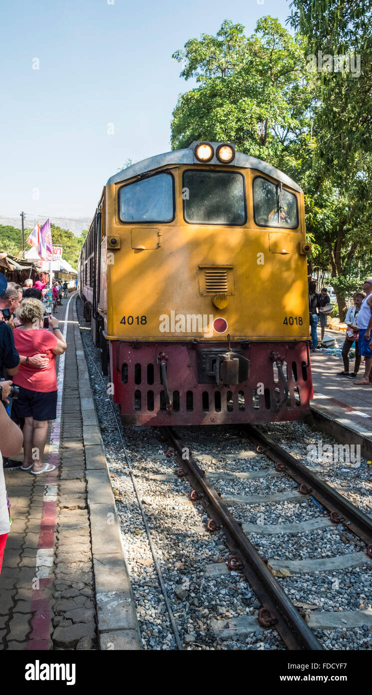 Siam Burma Death Railway Tourists wait for the train at Kanchnaburi ...