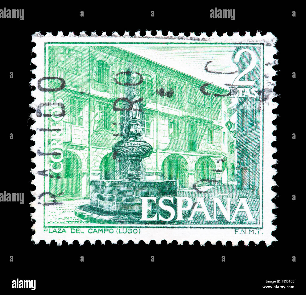Postage stamp from Spain depicting Plaza del Campo and fountain at Lugo ...