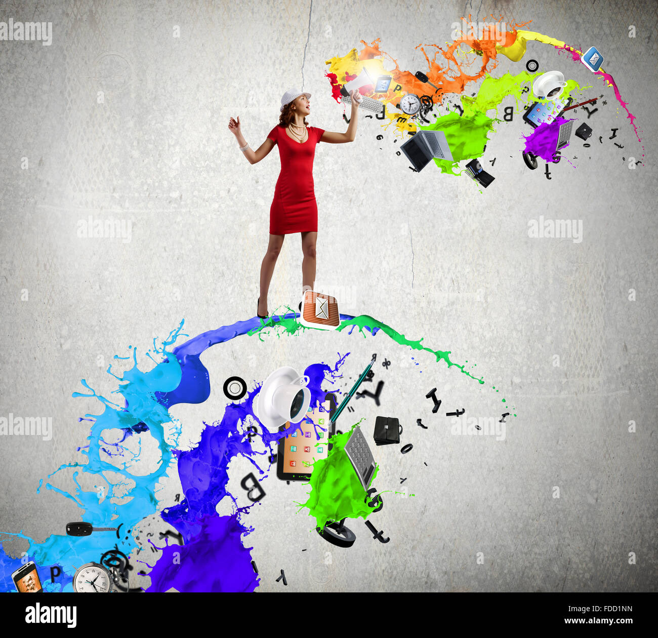 Pretty woman in red dress screaming in megaphone hi-res stock ...