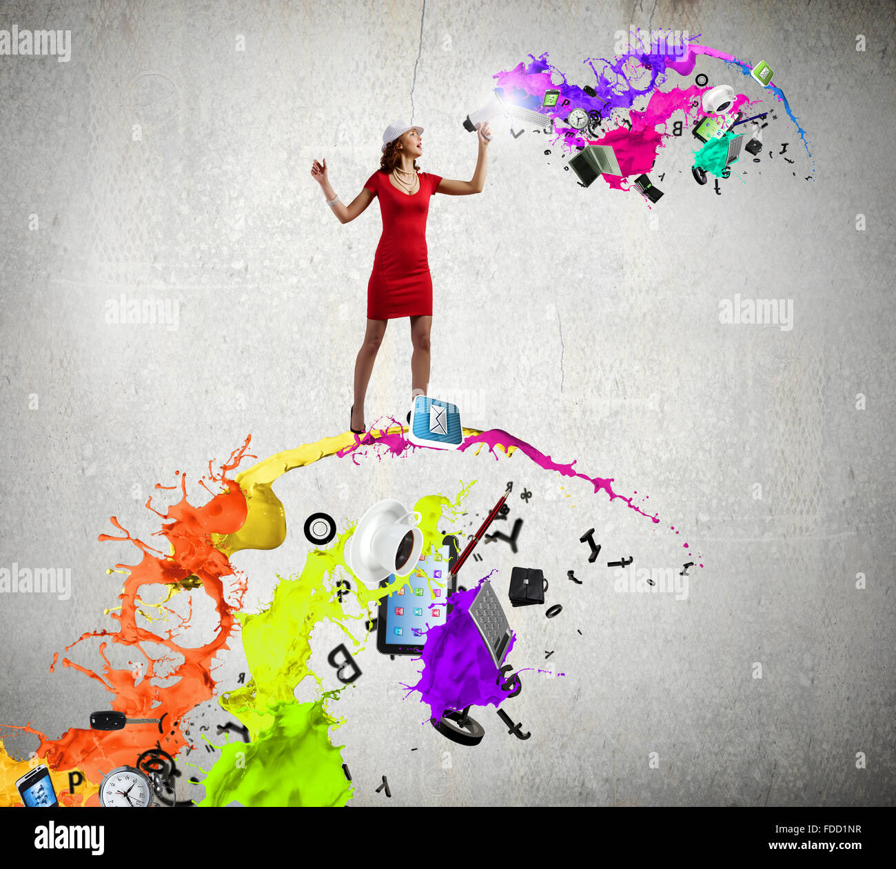Pretty woman in red dress screaming in megaphone hi-res stock ...