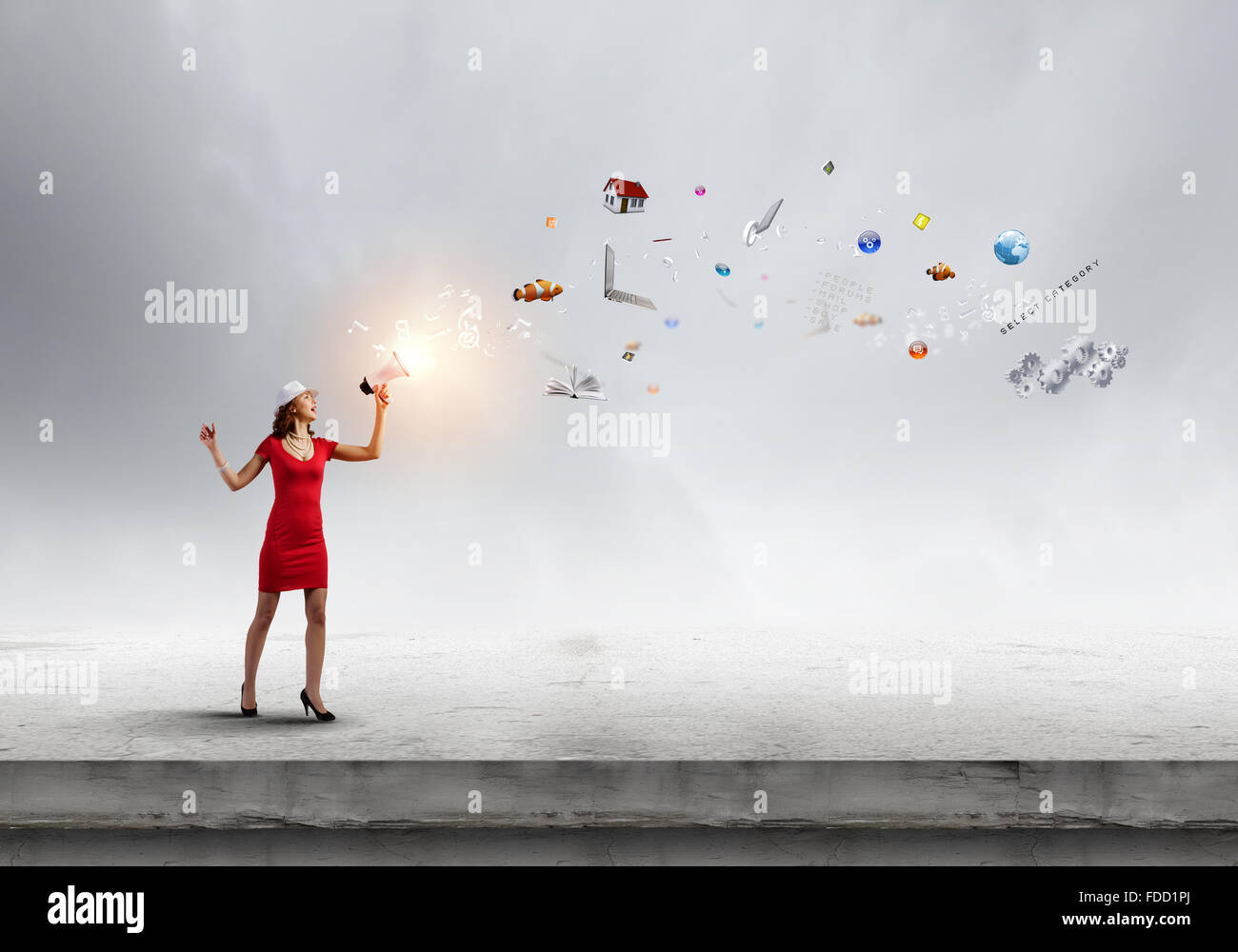 Pretty woman in red dress screaming in megaphone hi-res stock ...