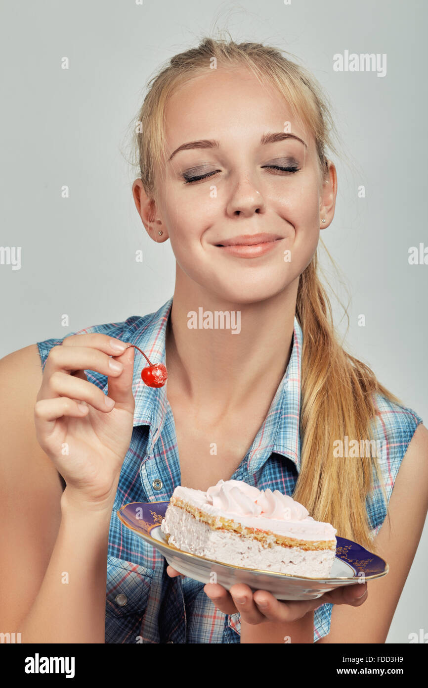 fun pretty girl with sweet dessert Stock Photo - Alamy