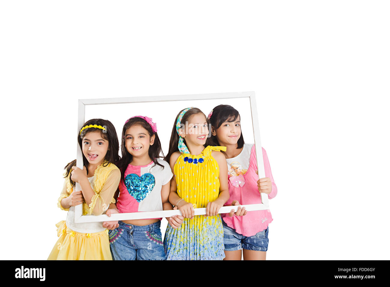 4 Kids Friends Holding Frame Showing Stock Photo - Alamy