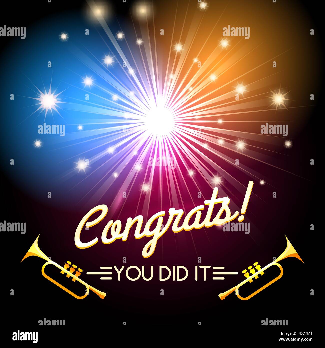 Congratulations card with firework and trumpets. Free font used Stock ...