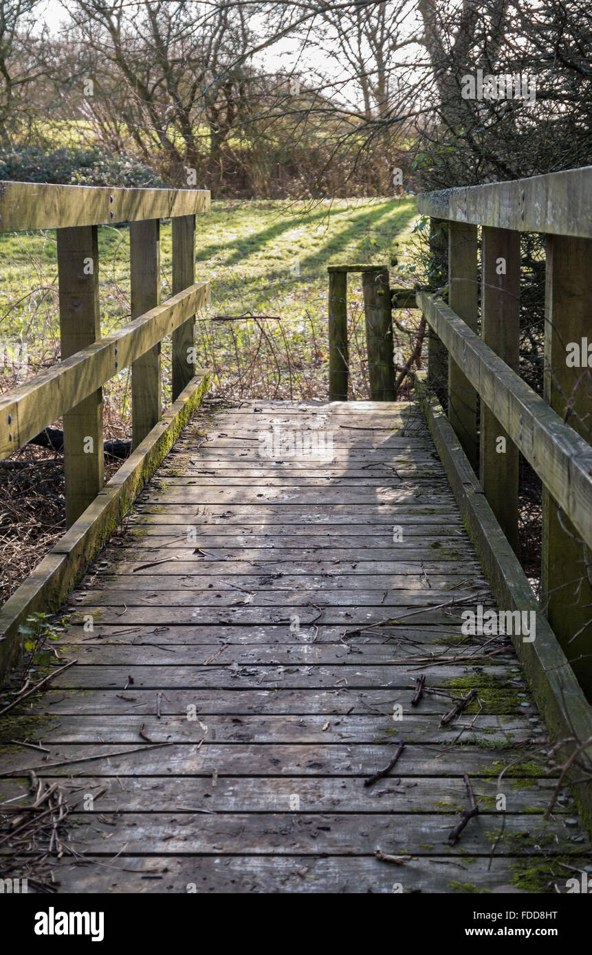 Wooden bridge over a stream in a footpath in the Sussex countryside, UK ...