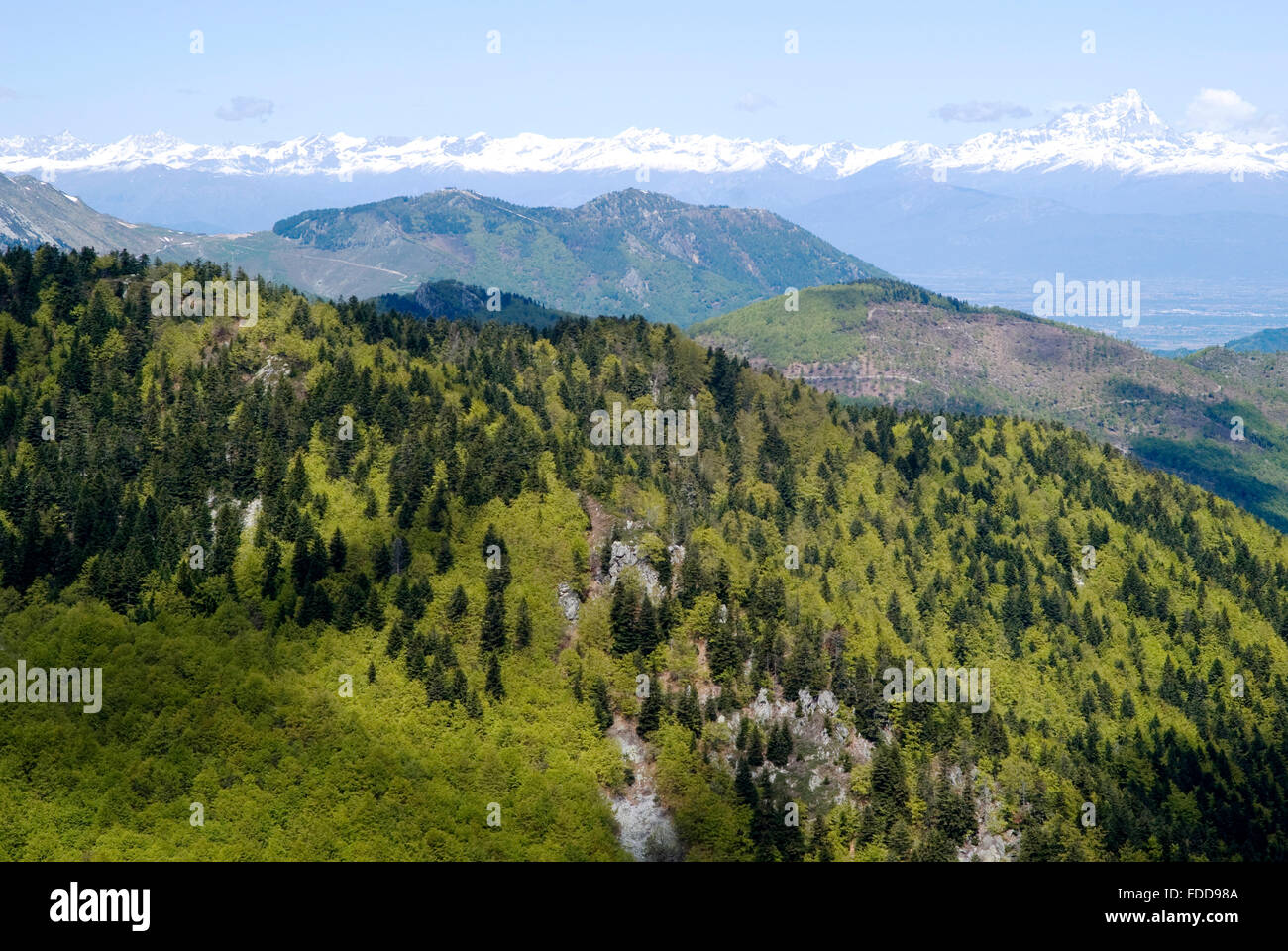 Italy, Piedmont. View of the mountain range of the Cottian Alps ...