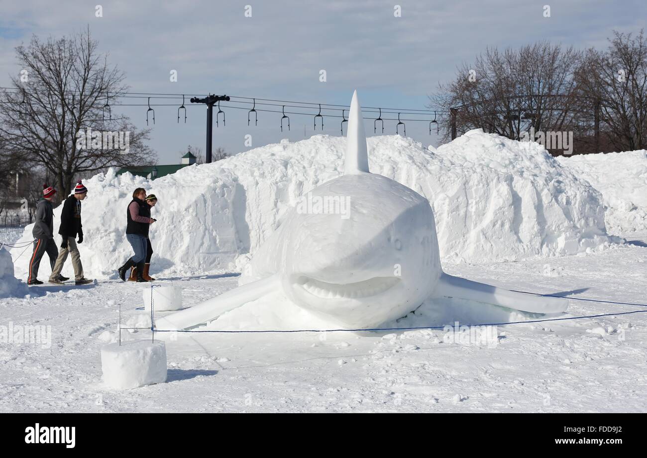 People walking by a giant snow shark at the St. Paul Winter Carnival in ...