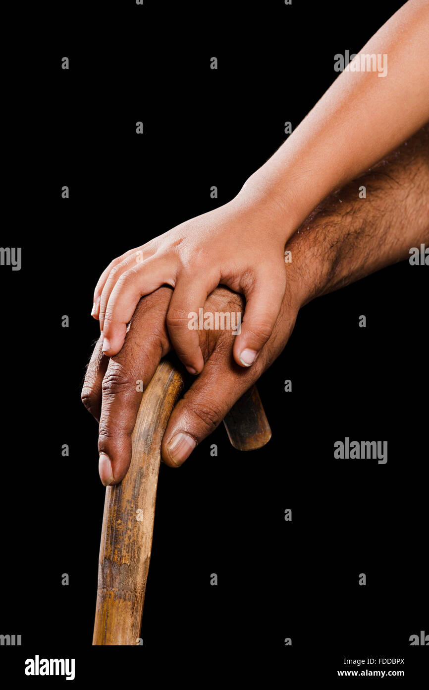 2 People Grandson Walking Stick Support Grandfather Stock Photo - Alamy