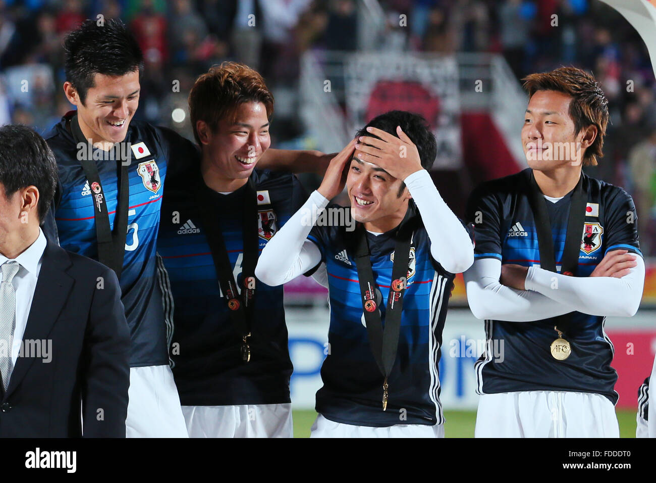 Doha, Qatar. 30th Jan, 2016. (L-R) Naomichi Ueda, Takuma Asano, Ryota Oshima, Yosuke Ideguchi ...
