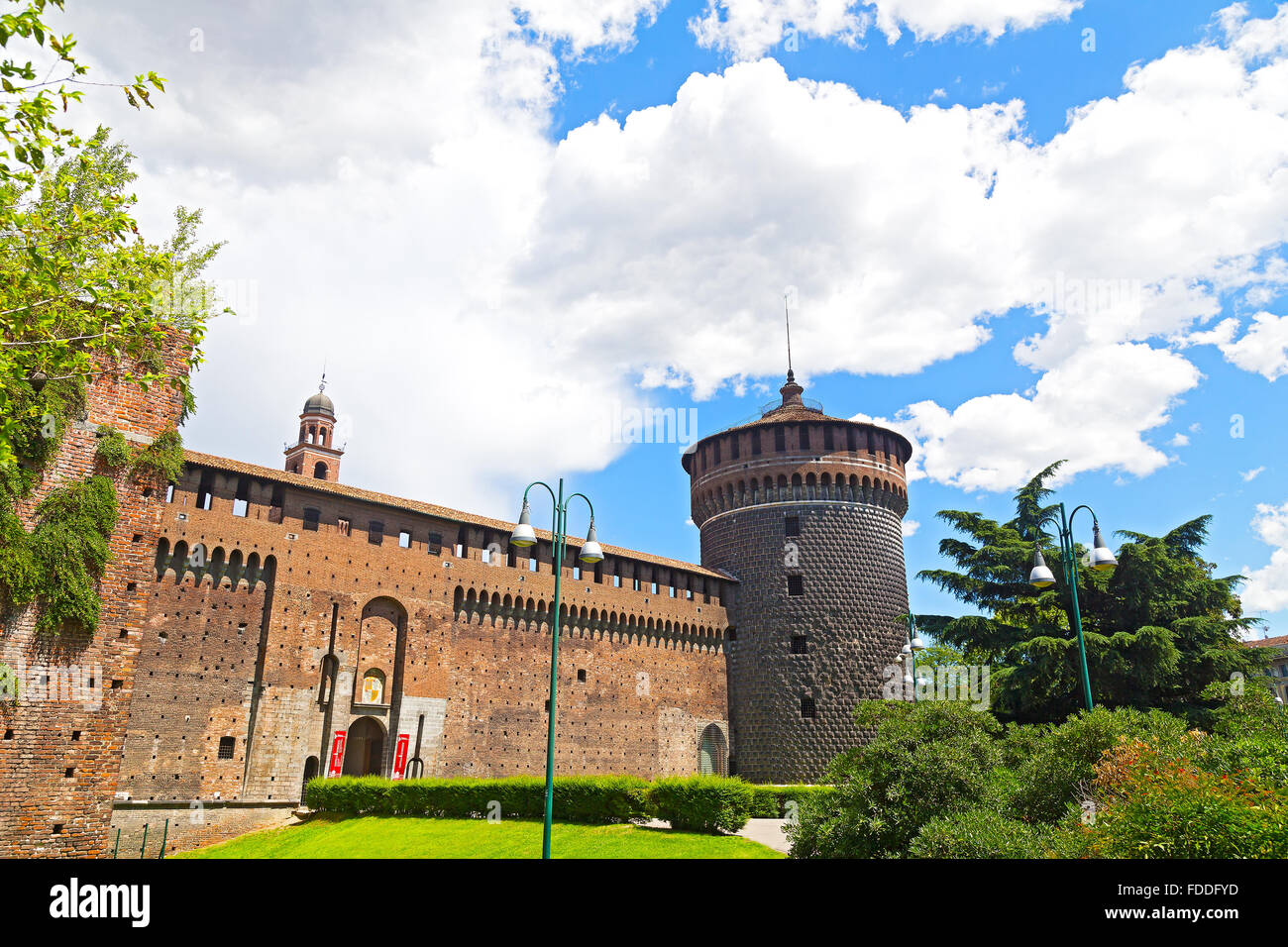 The Sforza Castle with huge medieval tower in Milan, Italy Stock Photo ...