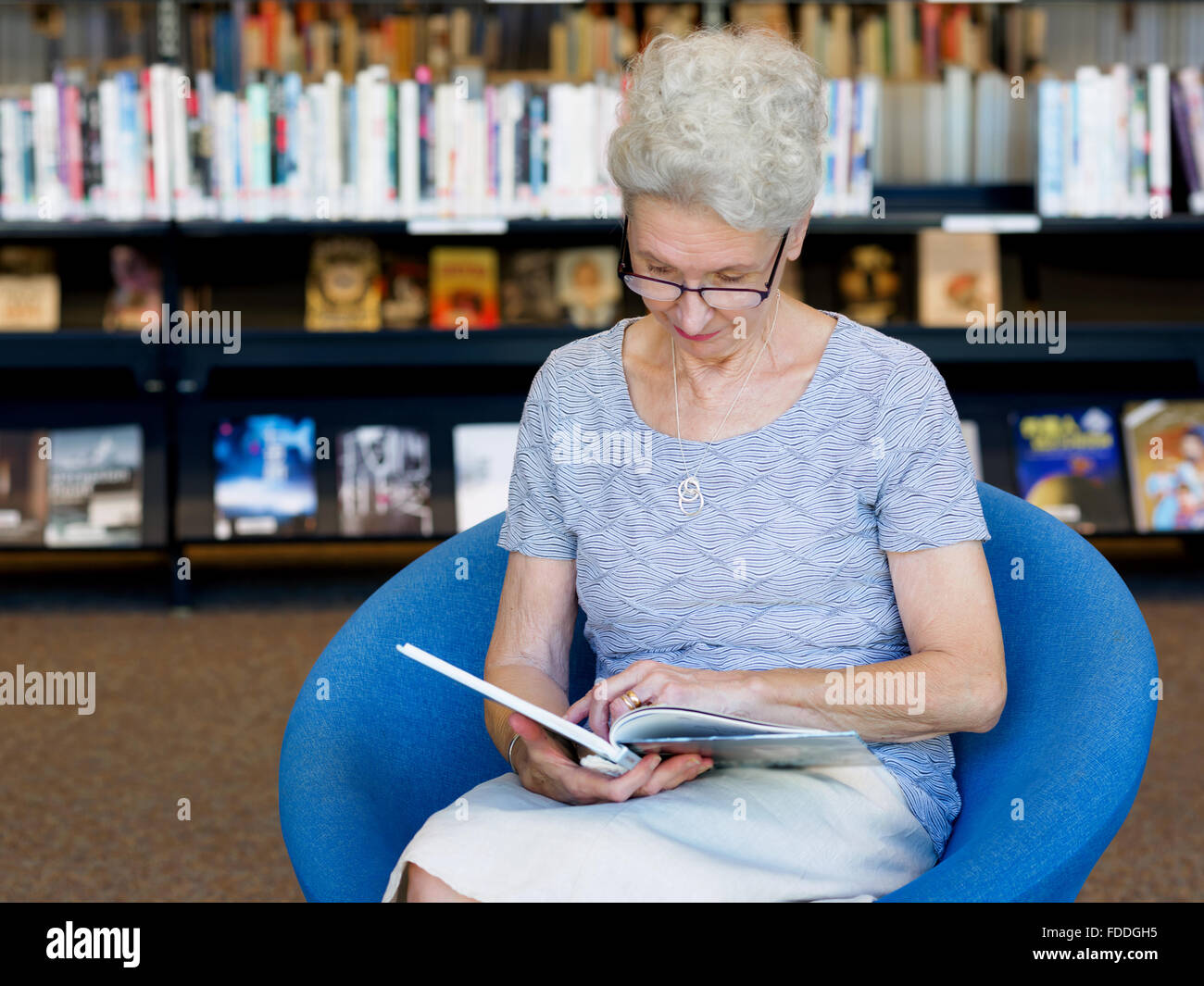 Elderly lady reading books in library Stock Photo - Alamy