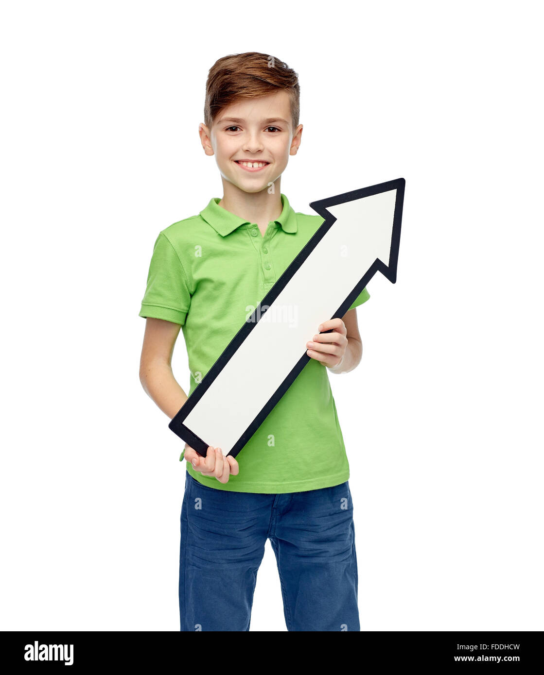 happy boy holding white blank arrow banner Stock Photo - Alamy