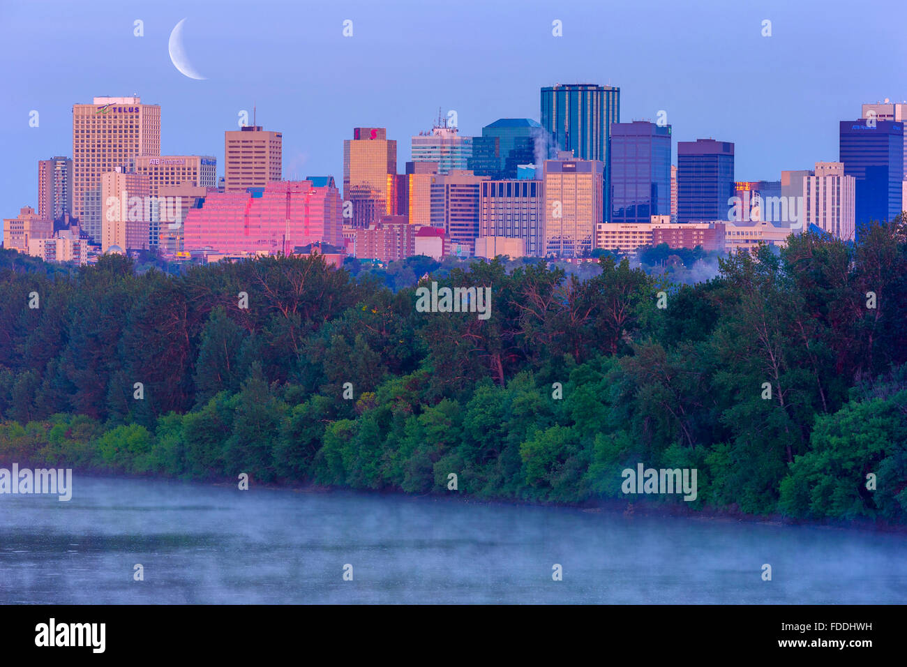 View of downtown Edmonton and North Saskatchewan River at dawn from ...