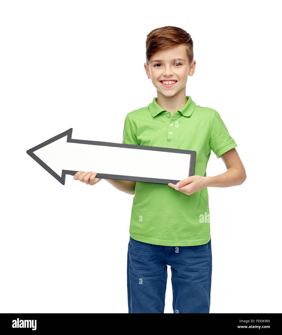 happy boy holding white blank arrow banner Stock Photo - Alamy