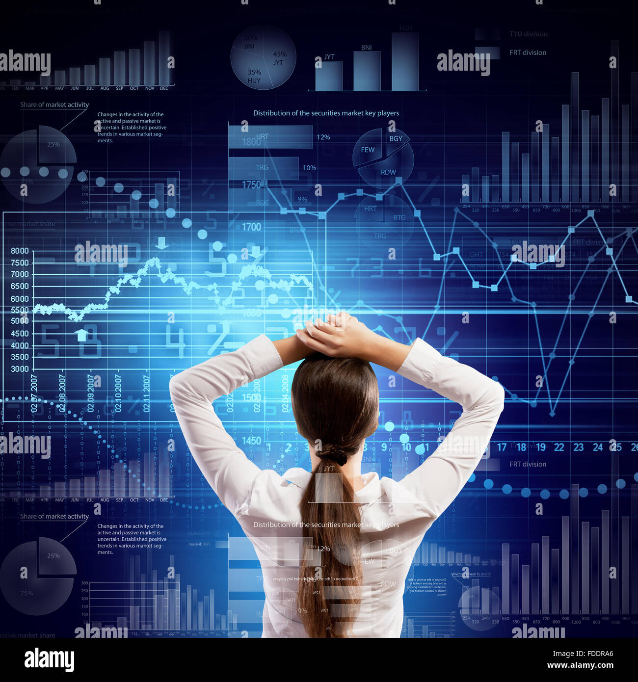 Back view of businesswoman looking at diagram illustration Stock Photo ...
