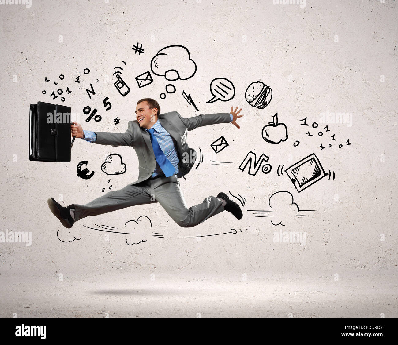 Image of jumping young businessman. Business collage Stock Photo - Alamy