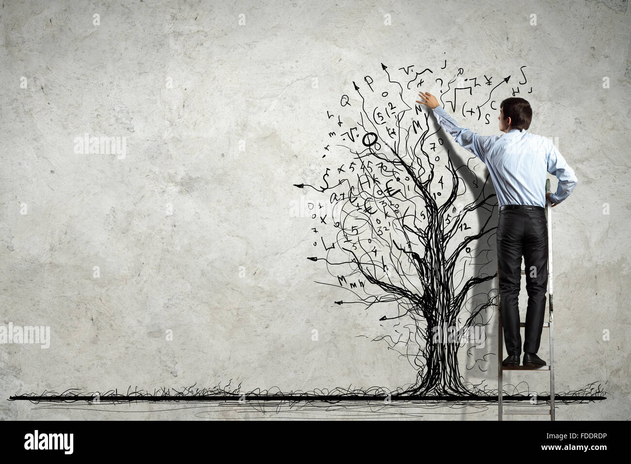 Back view image of businessman drawing graphics on wall Stock Photo - Alamy