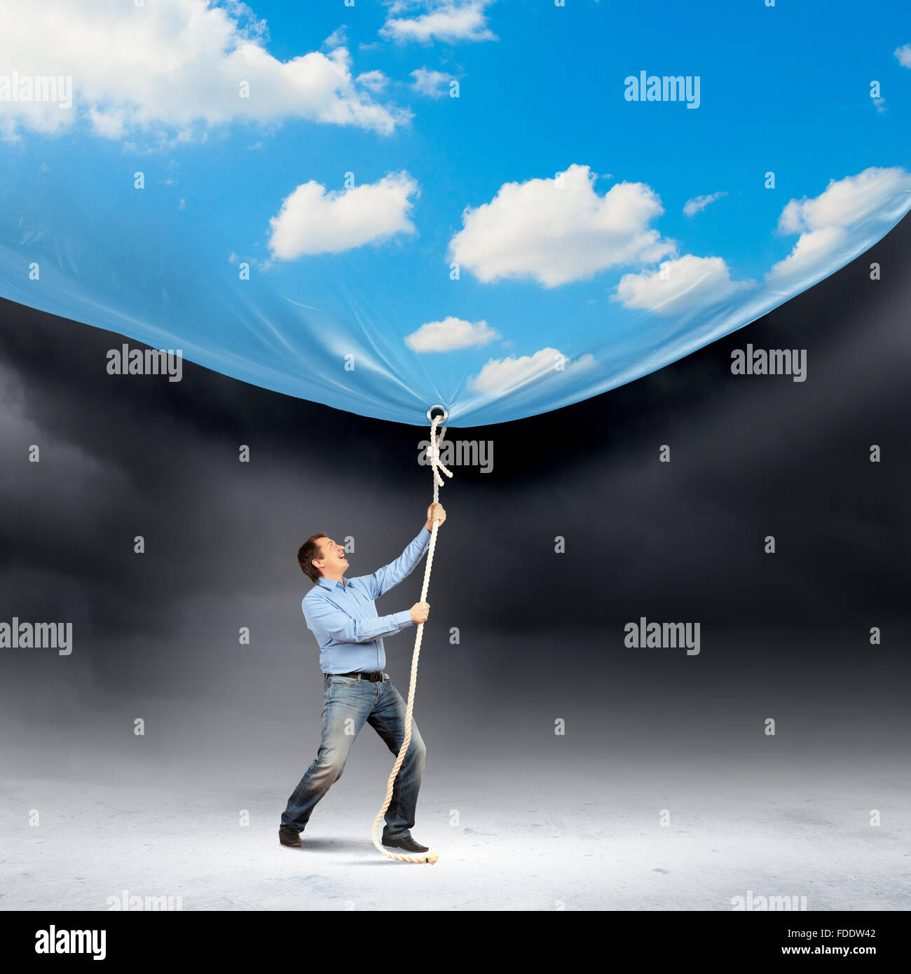 Image of businessman pulling banner with illustration. Day and night ...