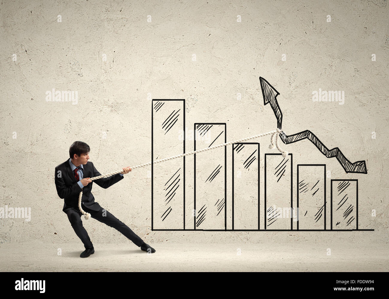 Image of young businessman pulling graph. Chart growth concept Stock ...