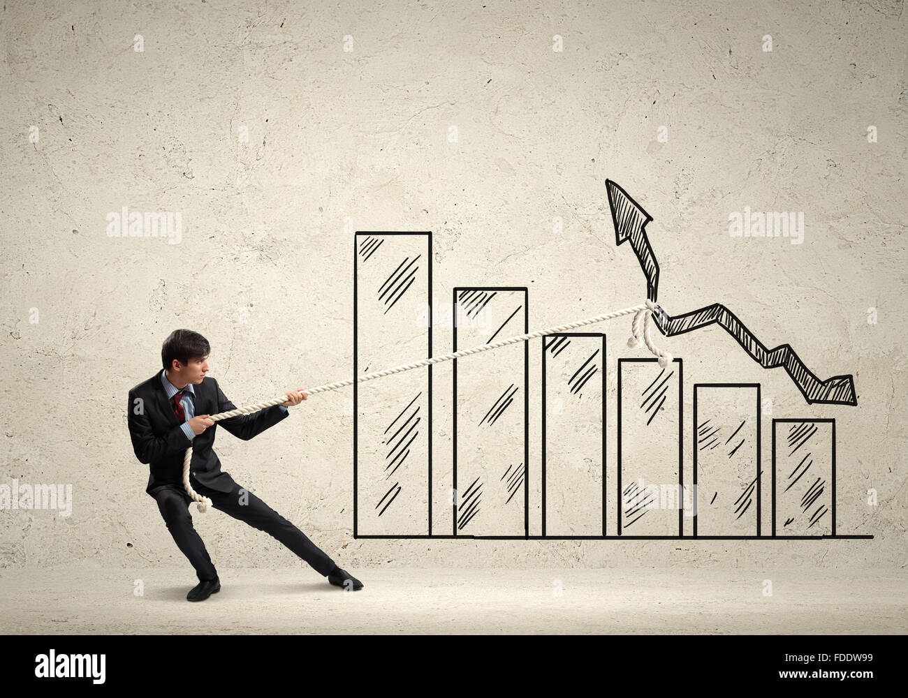 Image of young businessman pulling graph. Chart growth concept Stock ...