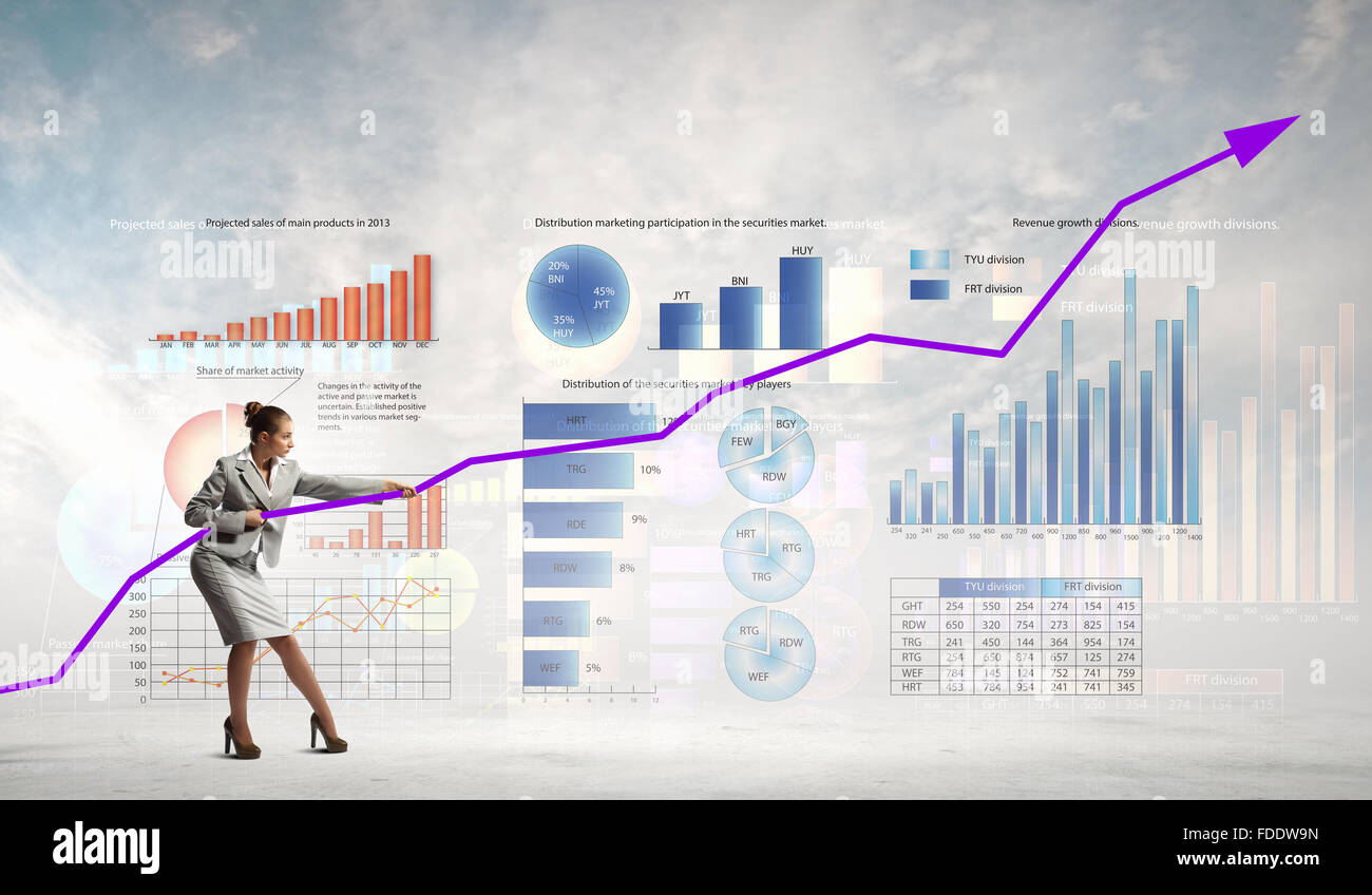 Image of businesswoman pulling graph of diagram Stock Photo - Alamy