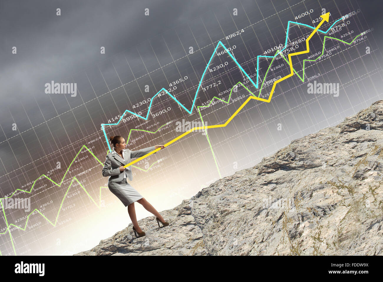 Image of businesswoman pulling graph of diagram Stock Photo - Alamy