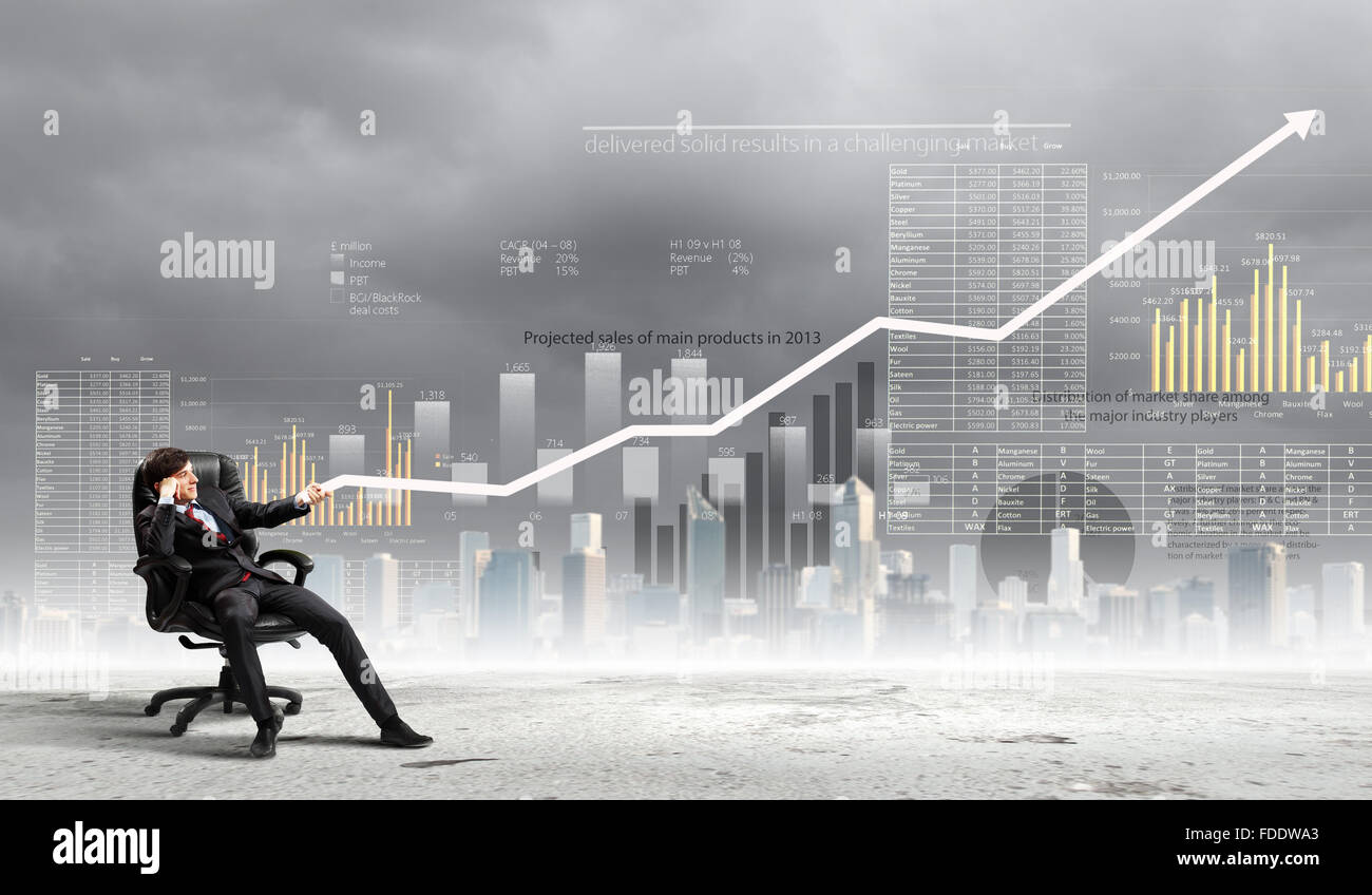 Image of young businessman pulling graph. Chart growth concept Stock ...