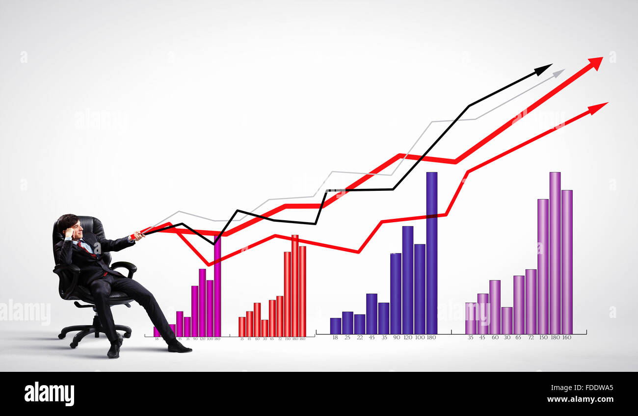 Image of young businessman pulling graph. Chart growth concept Stock ...