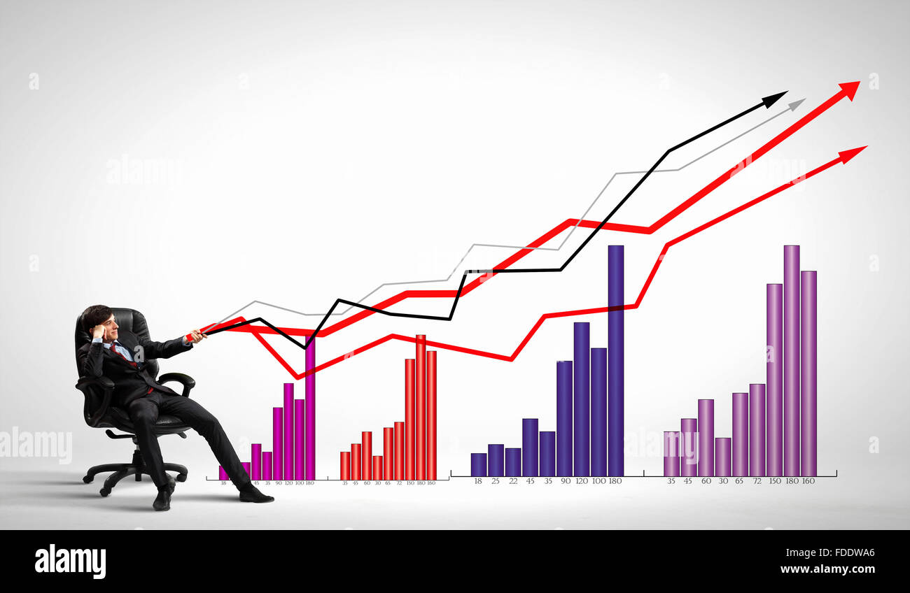 Image of young businessman pulling graph. Chart growth concept Stock ...