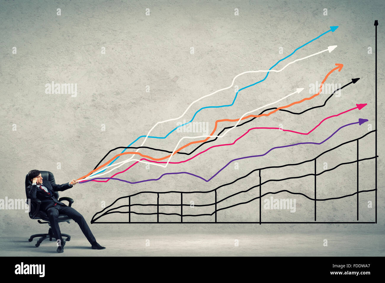 Image of young businessman pulling graph. Chart growth concept Stock ...