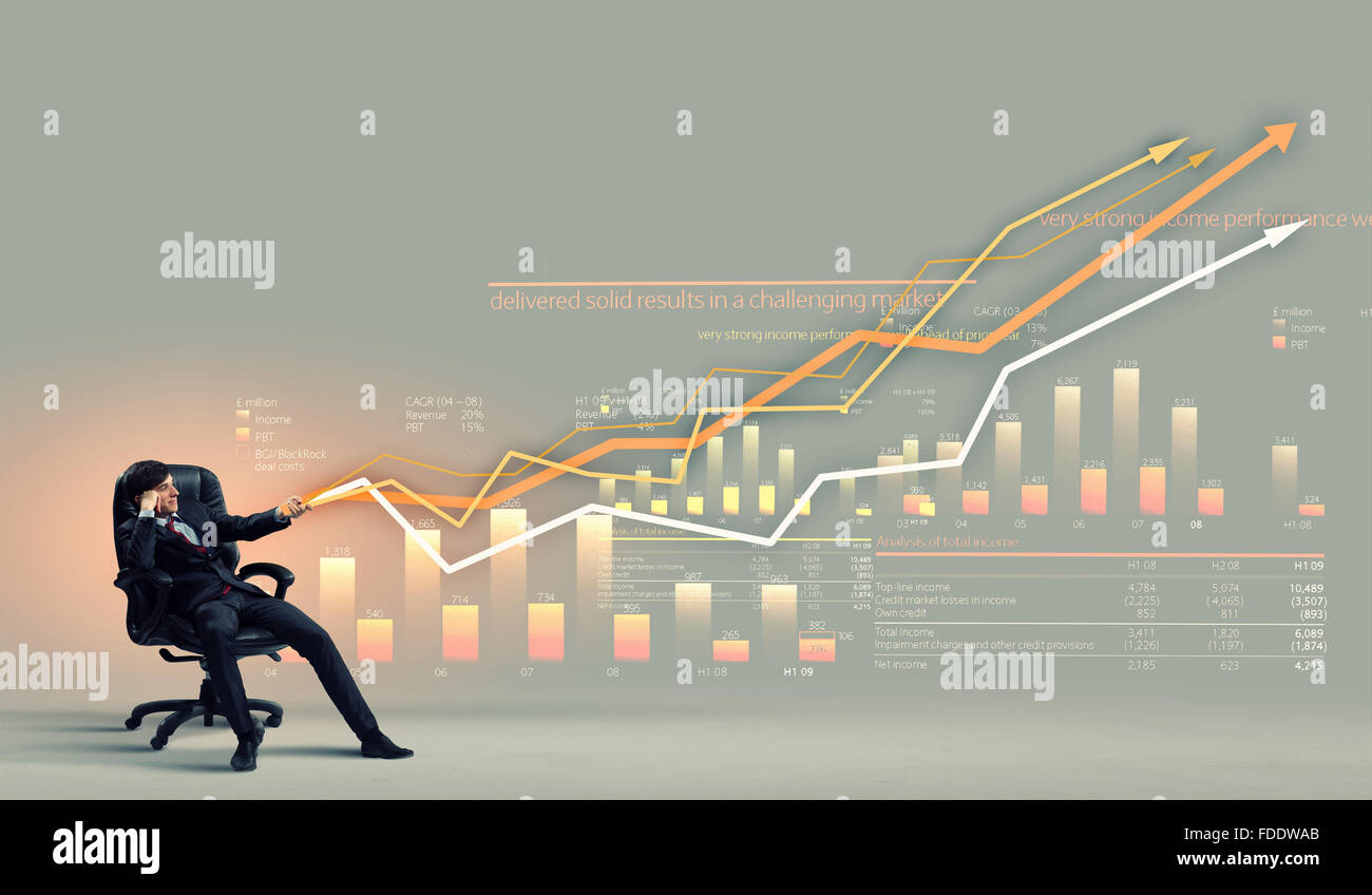 Image of young businessman pulling graph. Chart growth concept Stock ...