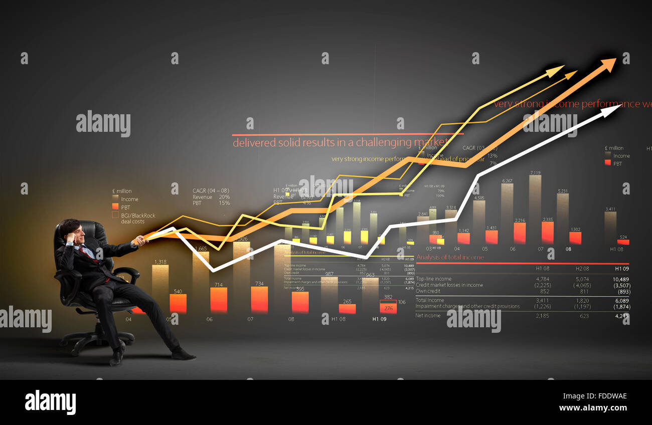 Image of young businessman pulling graph. Chart growth concept Stock ...