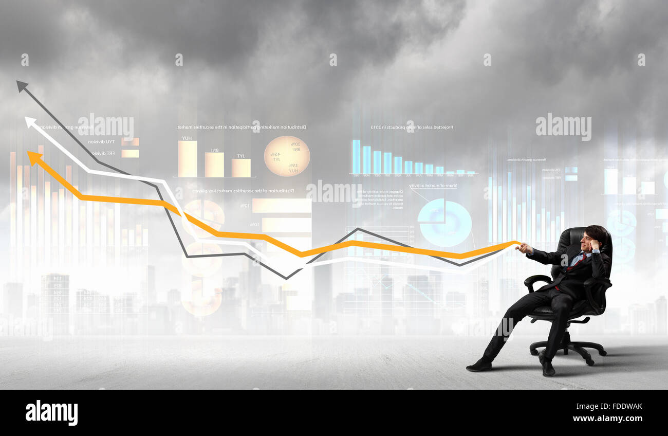 Image of young businessman pulling graph. Chart growth concept Stock ...