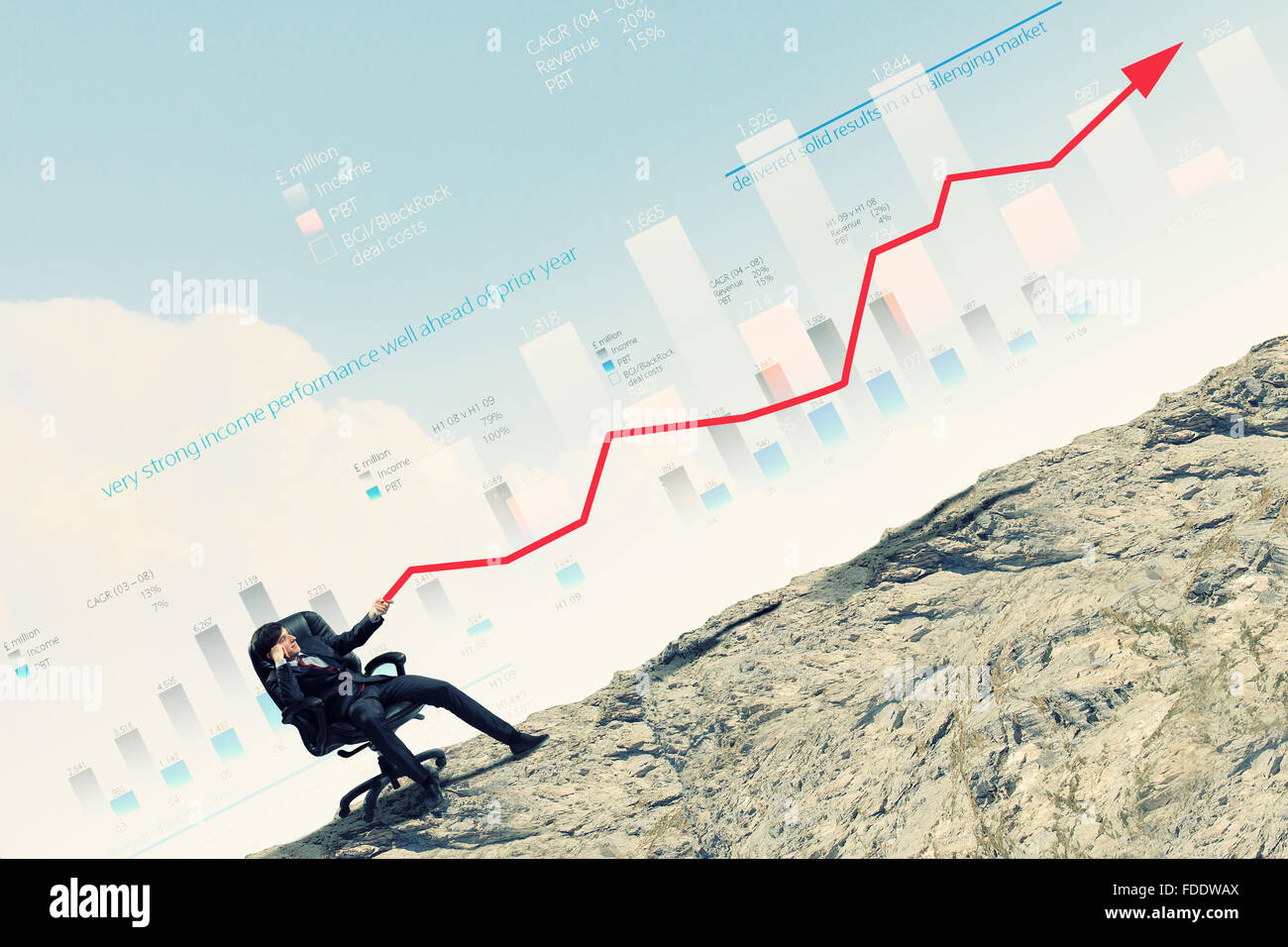 Image of young businessman pulling graph. Chart growth concept Stock ...