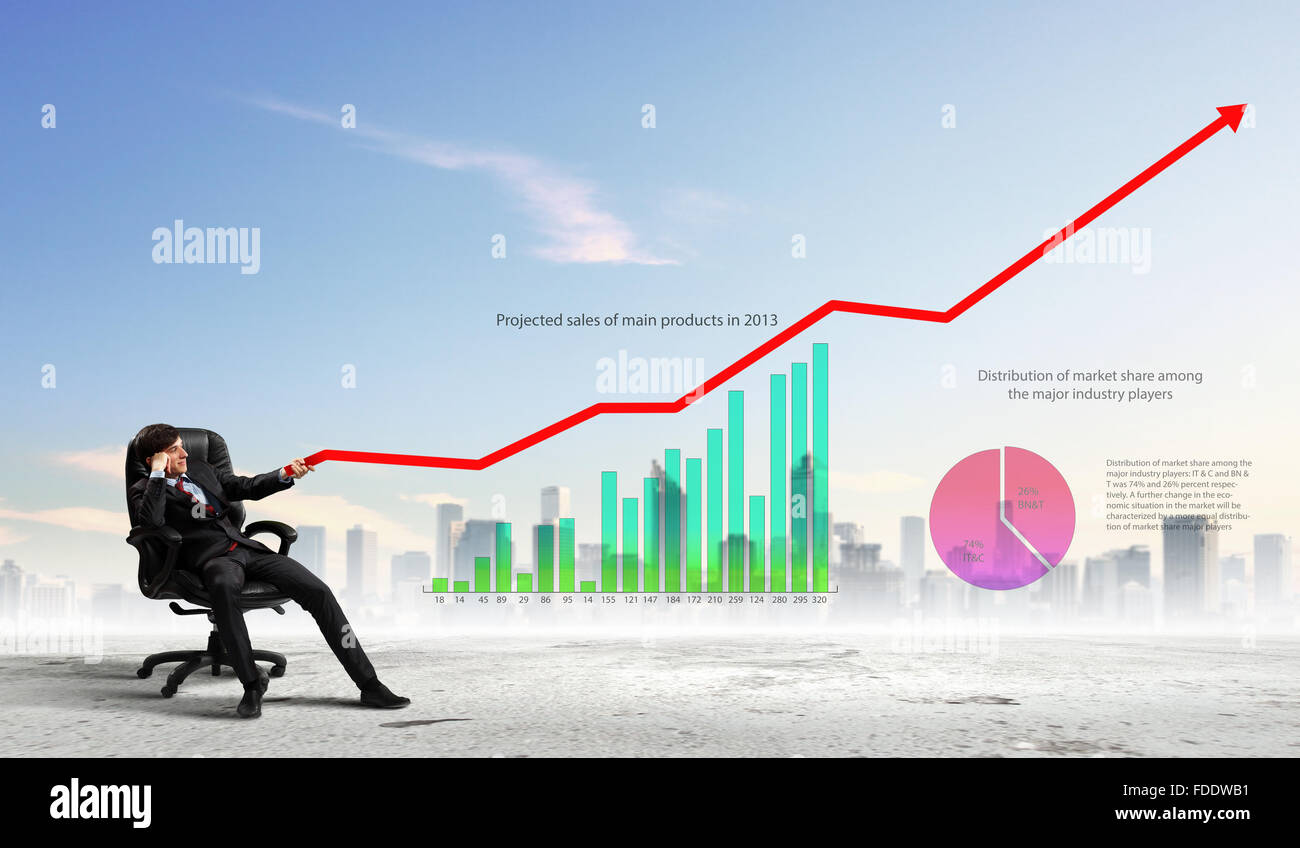 Image of young businessman pulling graph. Chart growth concept Stock ...