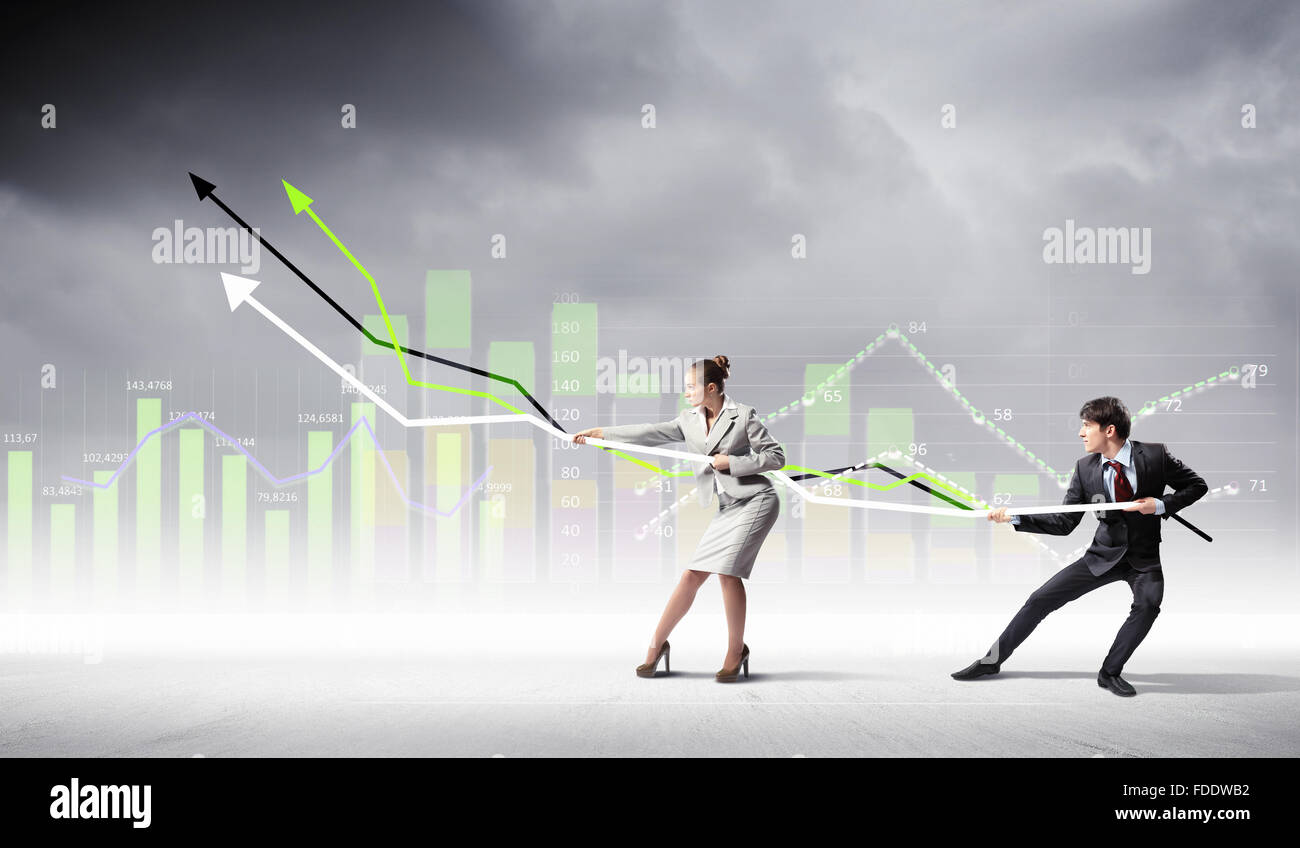 Image of young businesspeople pulling graph. Chart growth concept Stock ...