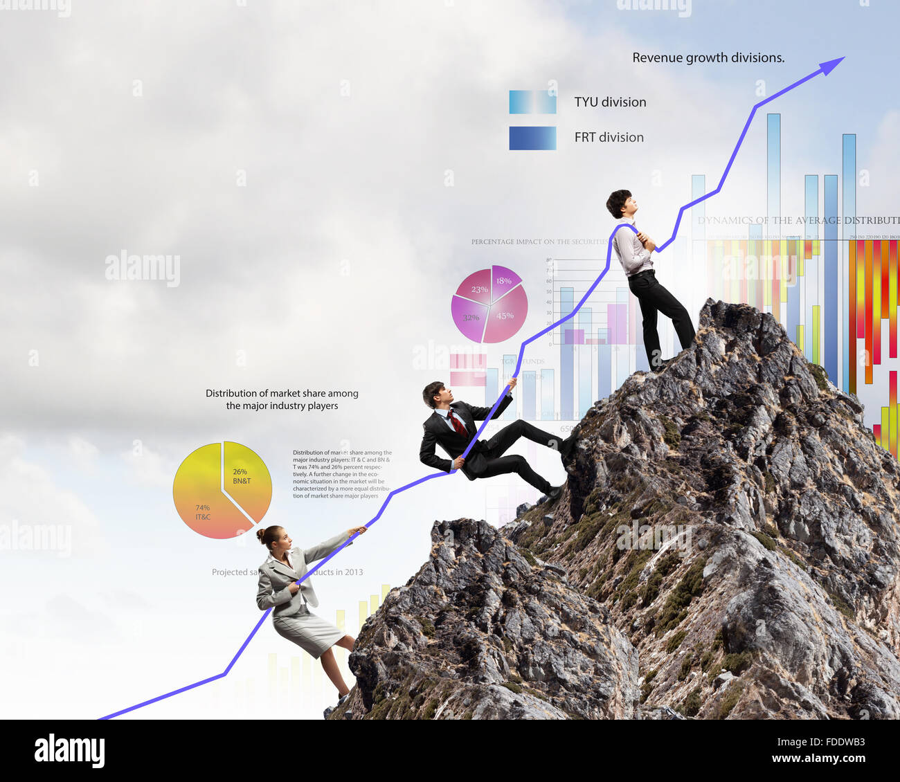 Image of young businesspeople pulling graph. Chart growth concept Stock ...