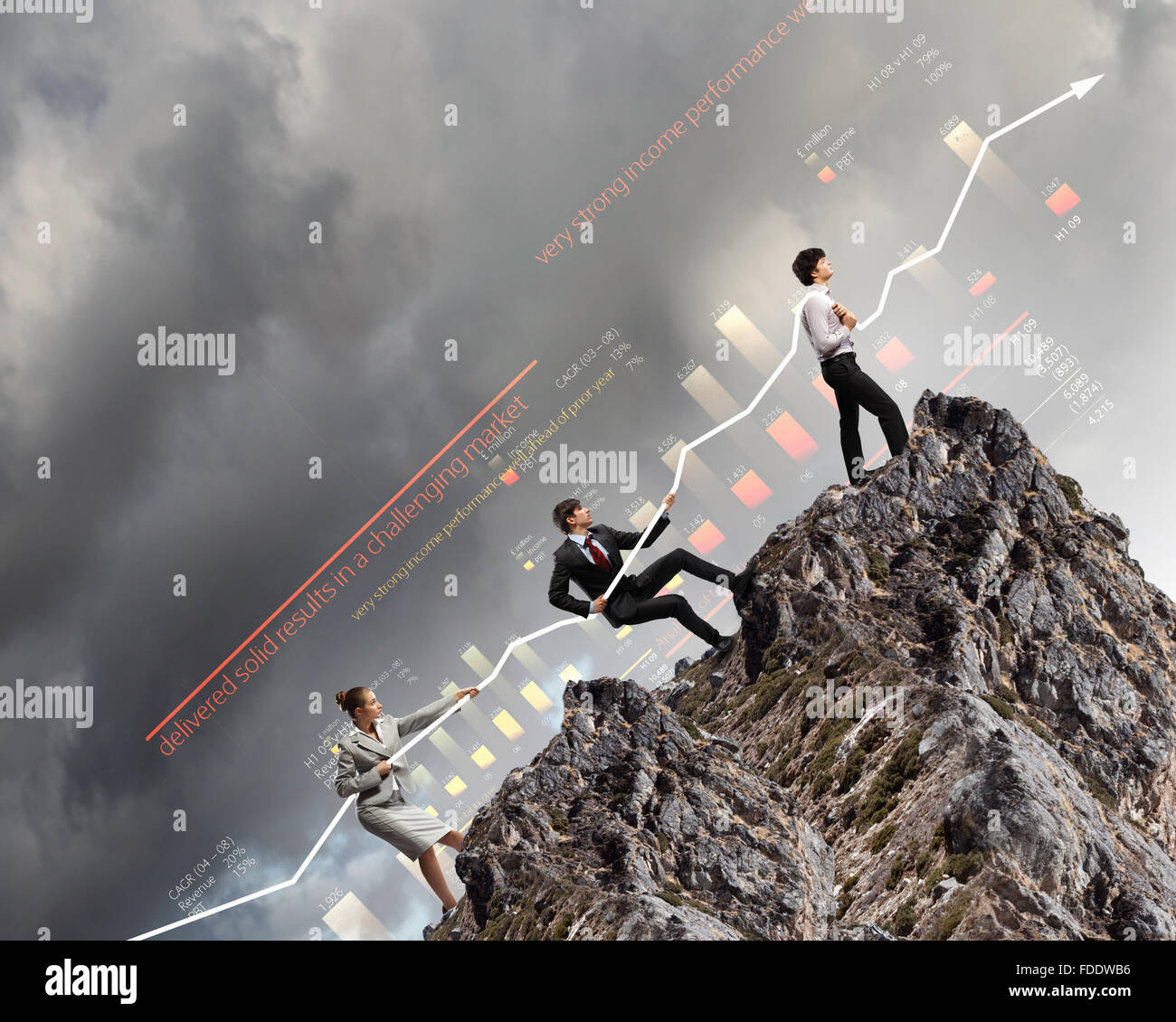 Image of young businesspeople pulling graph. Chart growth concept Stock ...