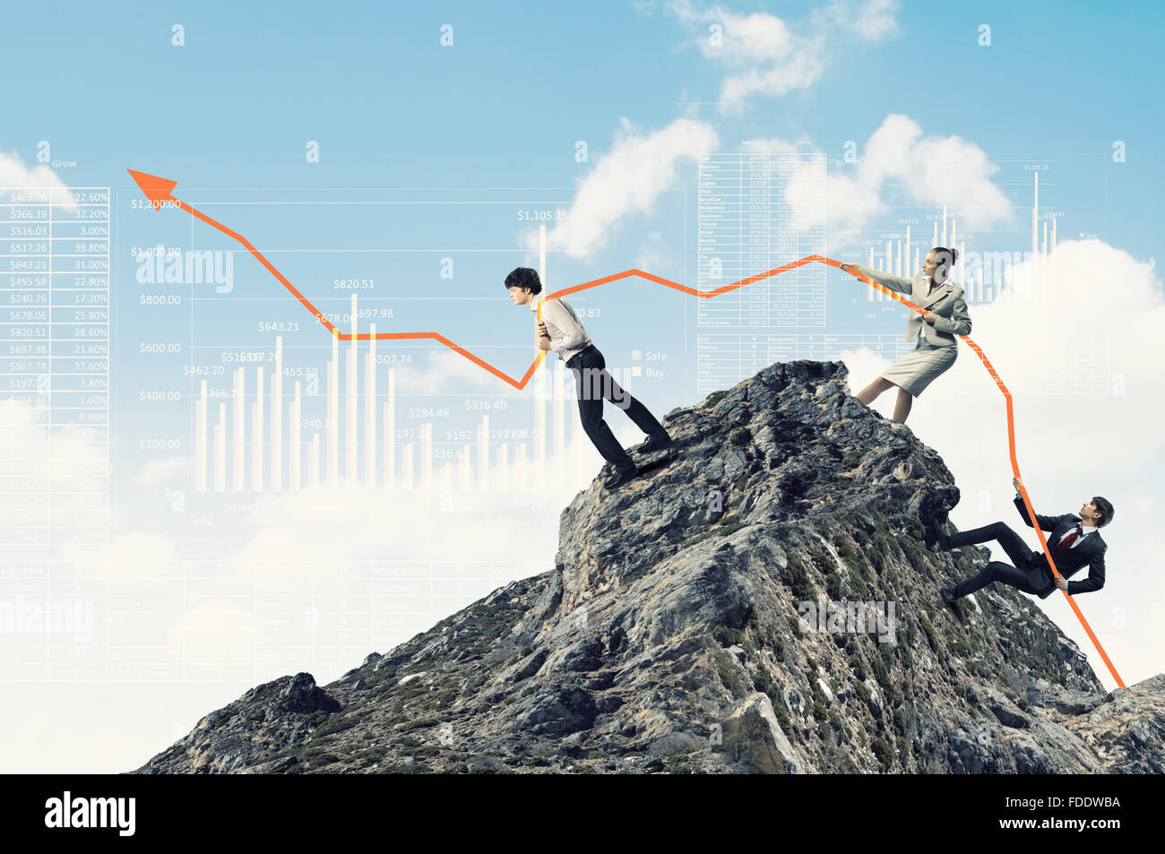 Image of young businesspeople pulling graph. Chart growth concept Stock ...