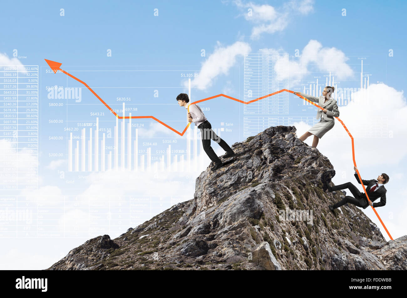 Image of young businesspeople pulling graph. Chart growth concept Stock ...