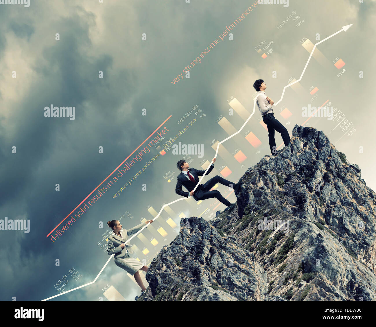 Image of young businesspeople pulling graph. Chart growth concept Stock ...