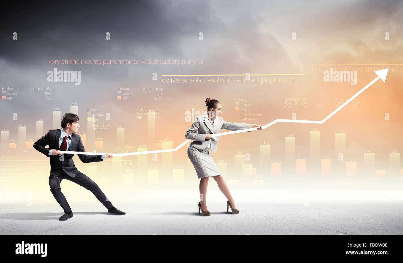 Image of young businesspeople pulling graph. Chart growth concept Stock ...