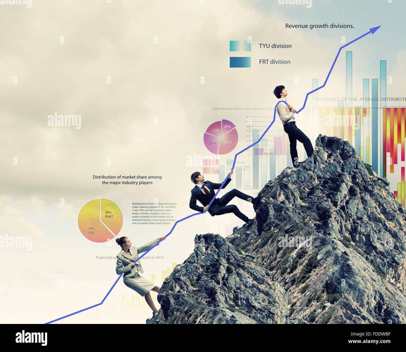 Image of young businesspeople pulling graph. Chart growth concept Stock ...