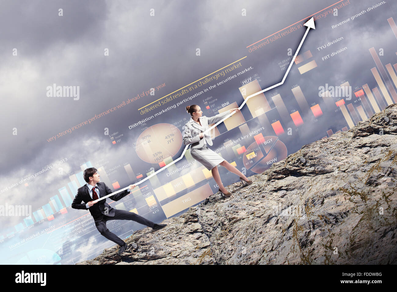 Image of young businesspeople pulling graph. Chart growth concept Stock ...