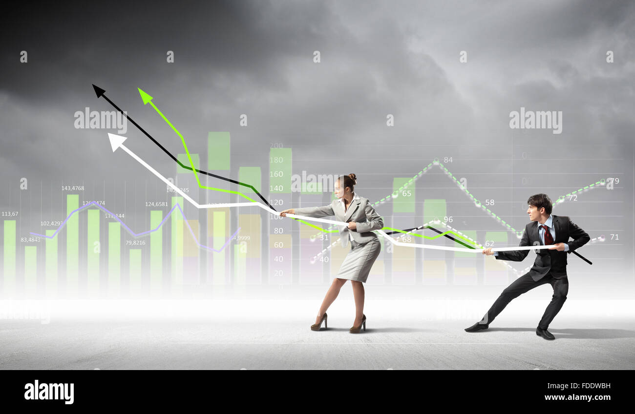 Image of young businesspeople pulling graph. Chart growth concept Stock ...