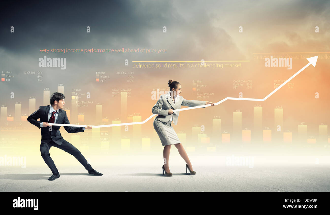 Image of young businesspeople pulling graph. Chart growth concept Stock ...