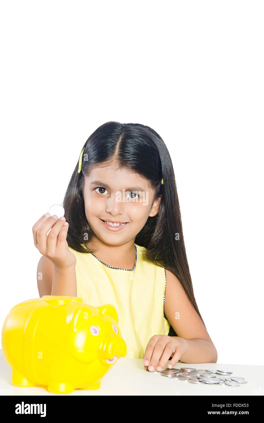 1 Person Only Girl Kid Money Piggy Bank Planning Saving Showing Sitting ...