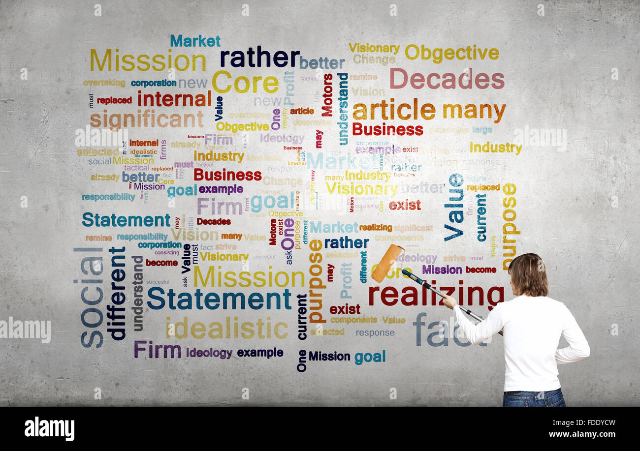 Young businessman standing with back and writing different words on ...